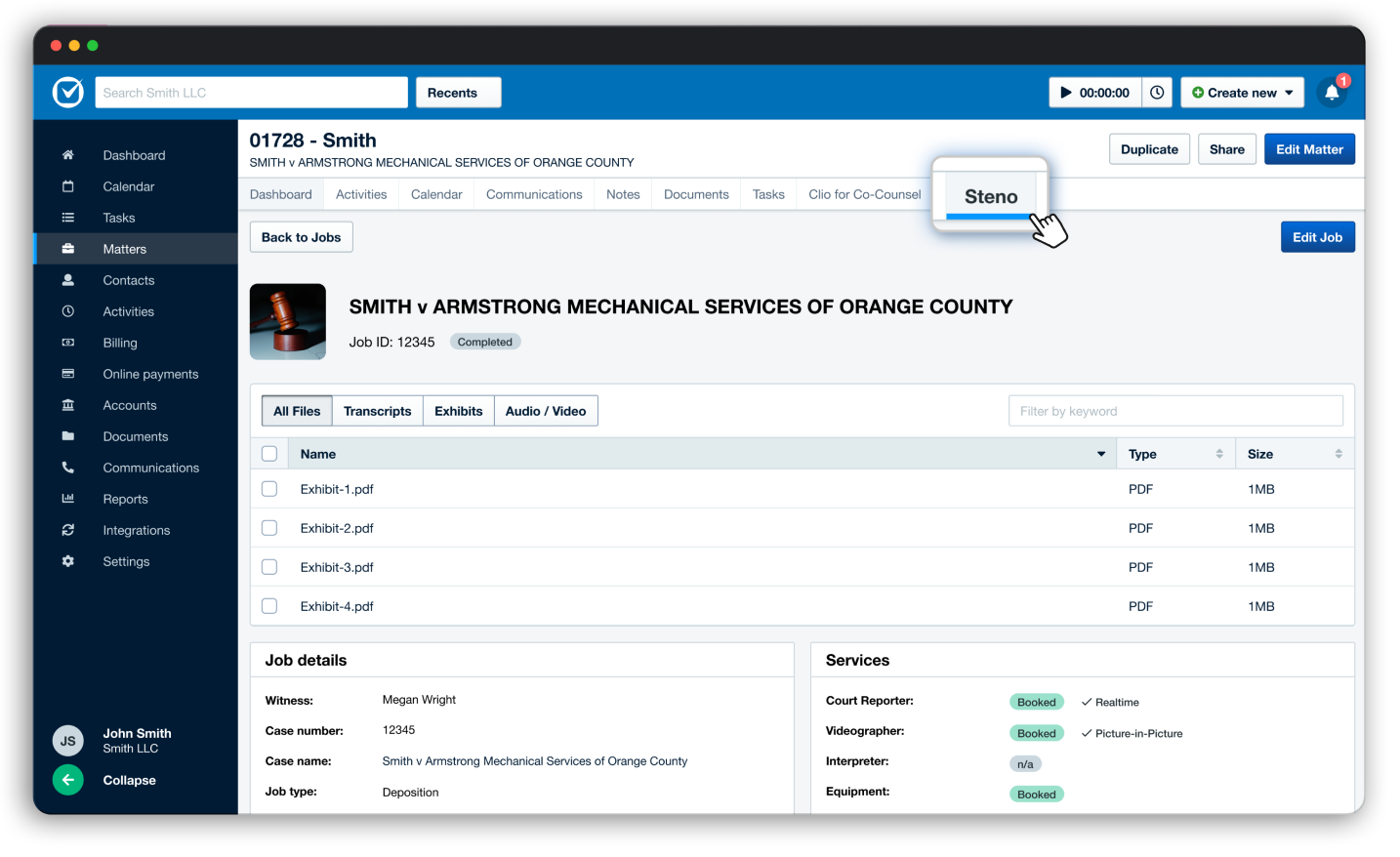 Stenos Clio Integration Easily Book Court Reporting Services